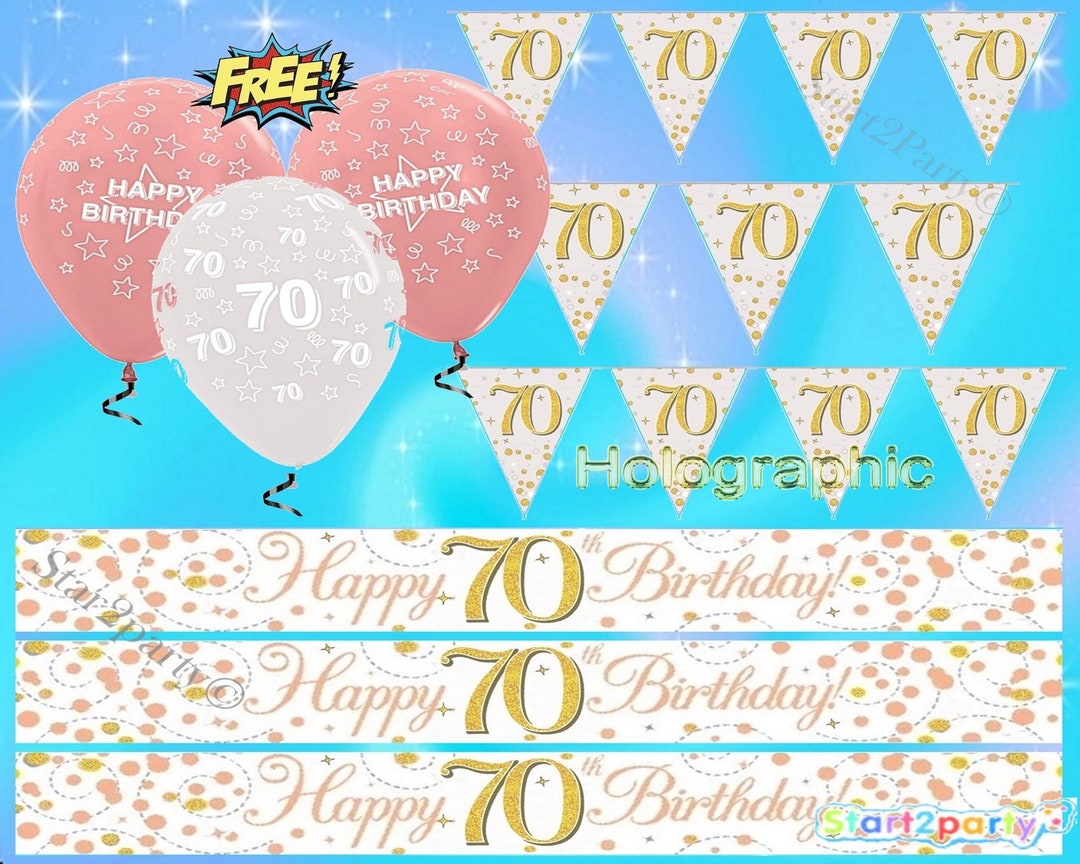 Age 70 Birthday Decorations White Rose Gold Bunting & Banners Balloons ...