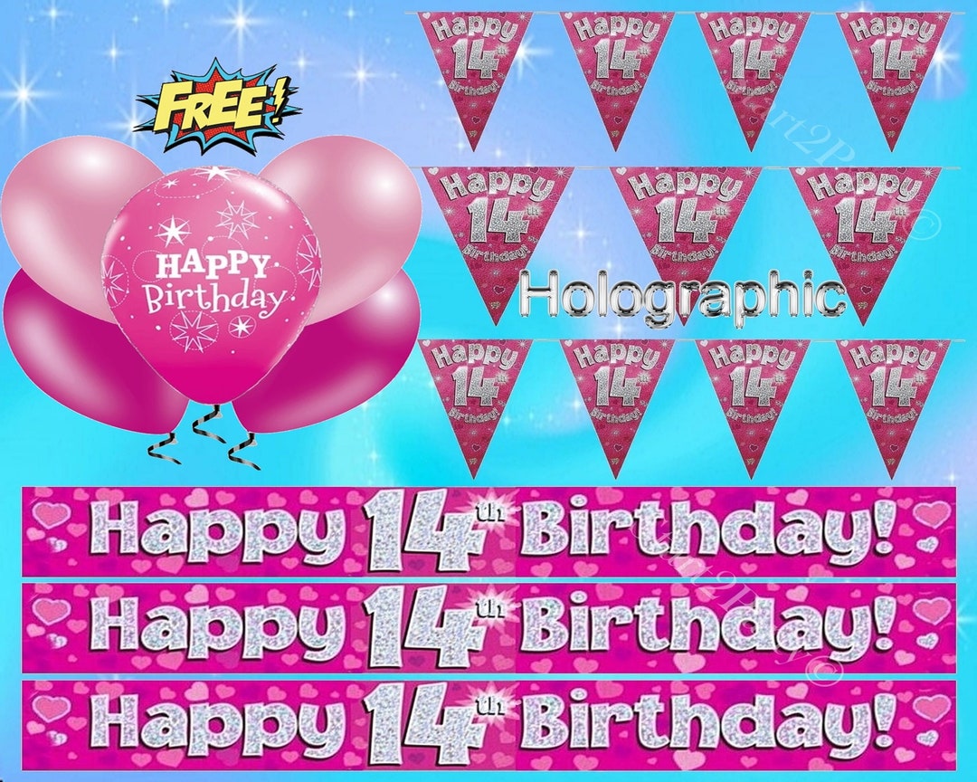 14th Birthday Party Decoration Set: Pink Bunting, Banners & Balloons - Etsy