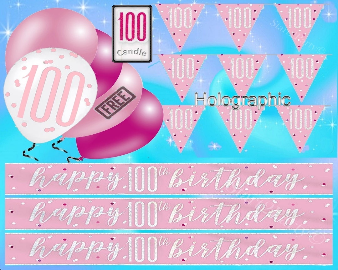 100th Birthday Party Decorations Pink Foil Bunting Banners Candle ...