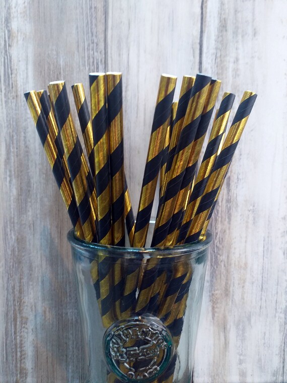 8 20cm Glitzy Gold and Black Stripe Paper Straw Black | Etsy UK