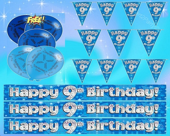 Age 9 9th Birthday Party Decorations Blue Bunting & | Etsy