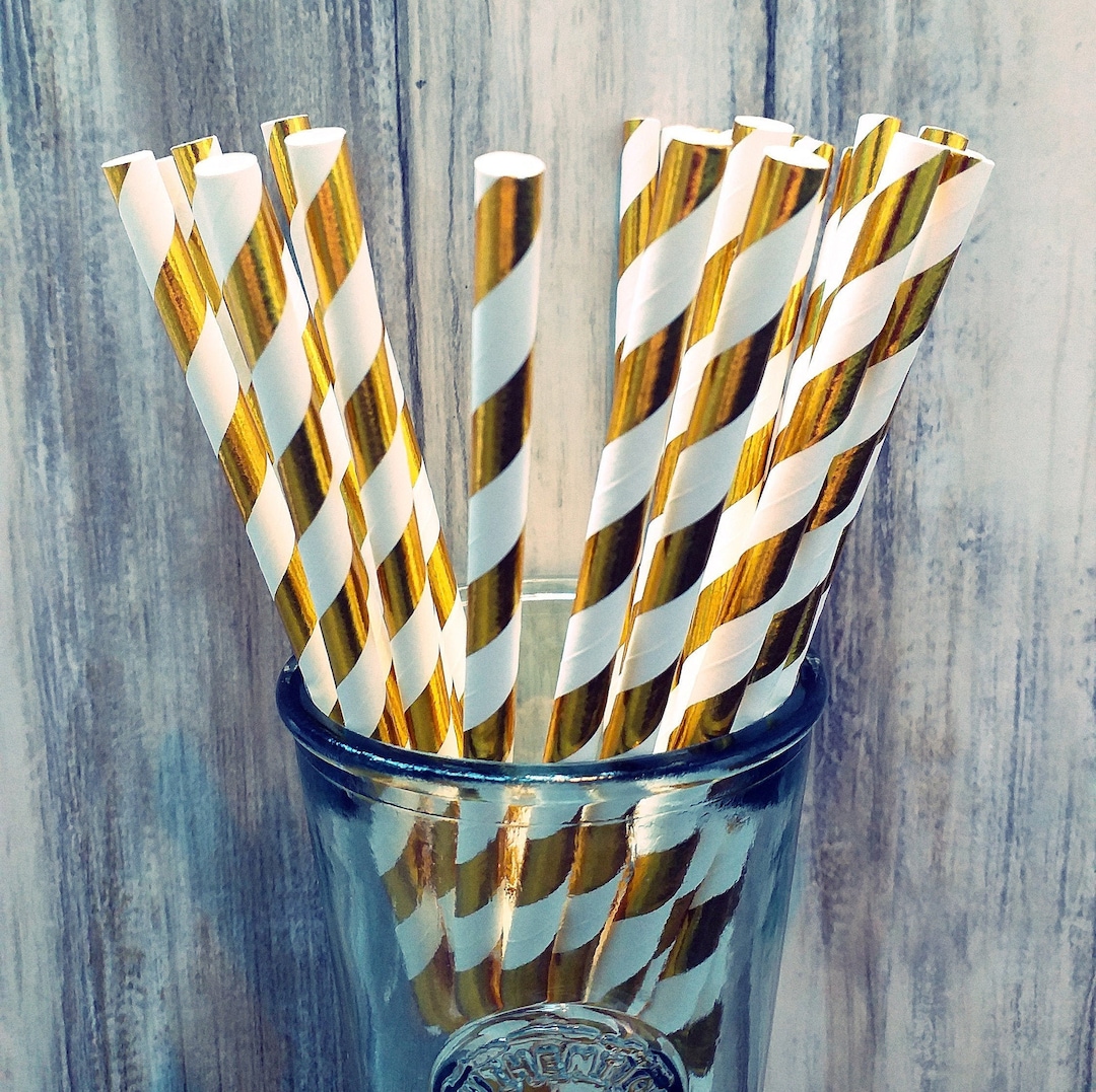 8" 20cm Glitzy Gold and White Stripe Paper Straw, White and Gold Stripe ...
