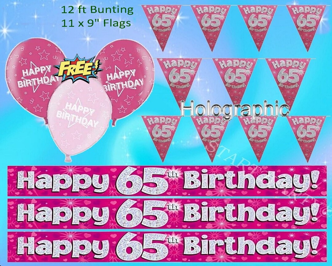 Age 65 Birthday Party Decorations Pink Bunting & Banners Balloons ...