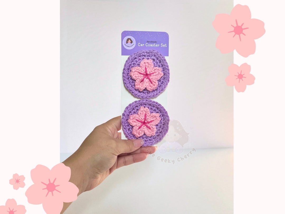Cherry Blossom Sakura Crochet Car Coaster Set Handmade Cherry Blossom ...