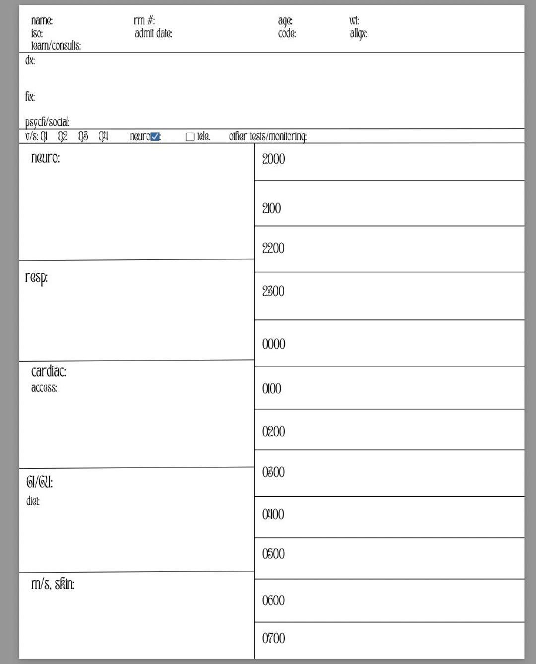 Nurse Report Sheet (noc/night Shift/single Patient) - Etsy