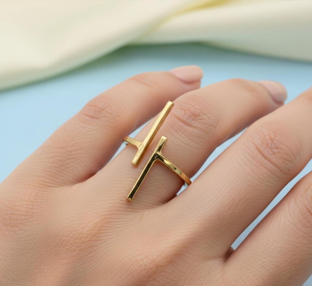 Minimalist T Bar Gold Ring, Adjustable Open Ring, Modern Geometric Ring ...