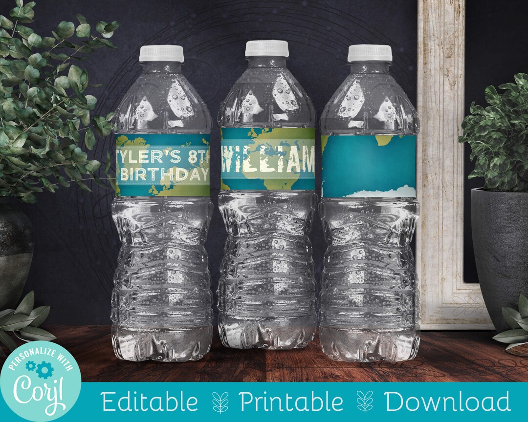 Editable, World Map, Water Bottle Labels, Instant Download Water Label ...