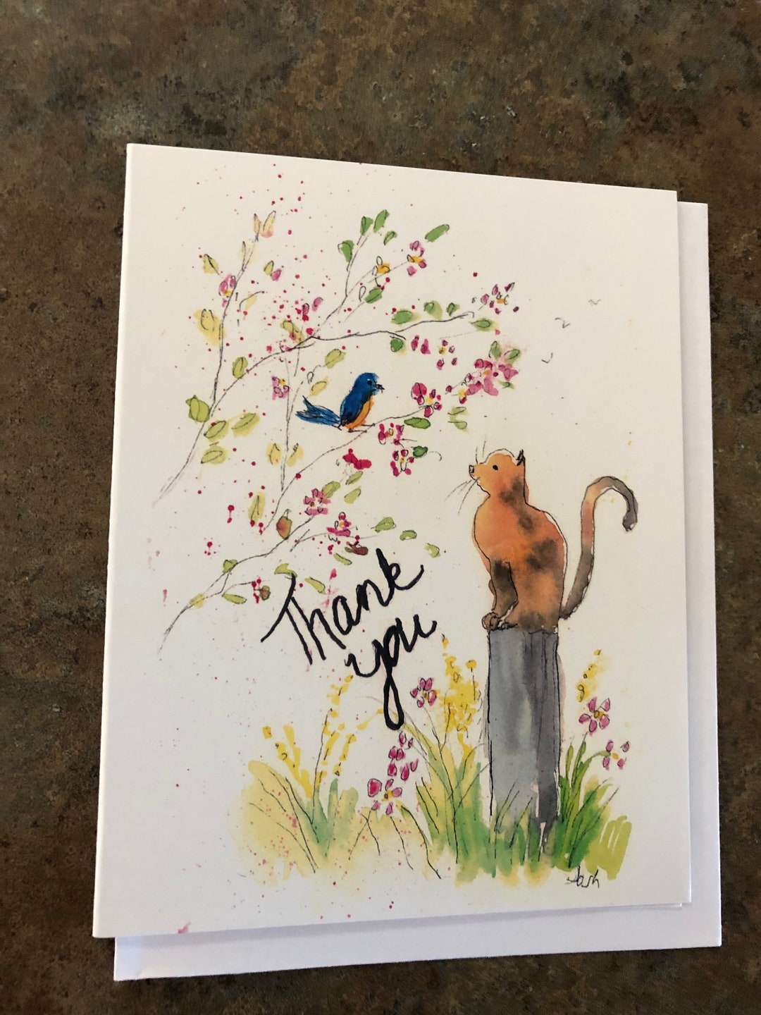 Thank You Card : Cat and Robin Floral Hand Painted Watercolor Greeting ...