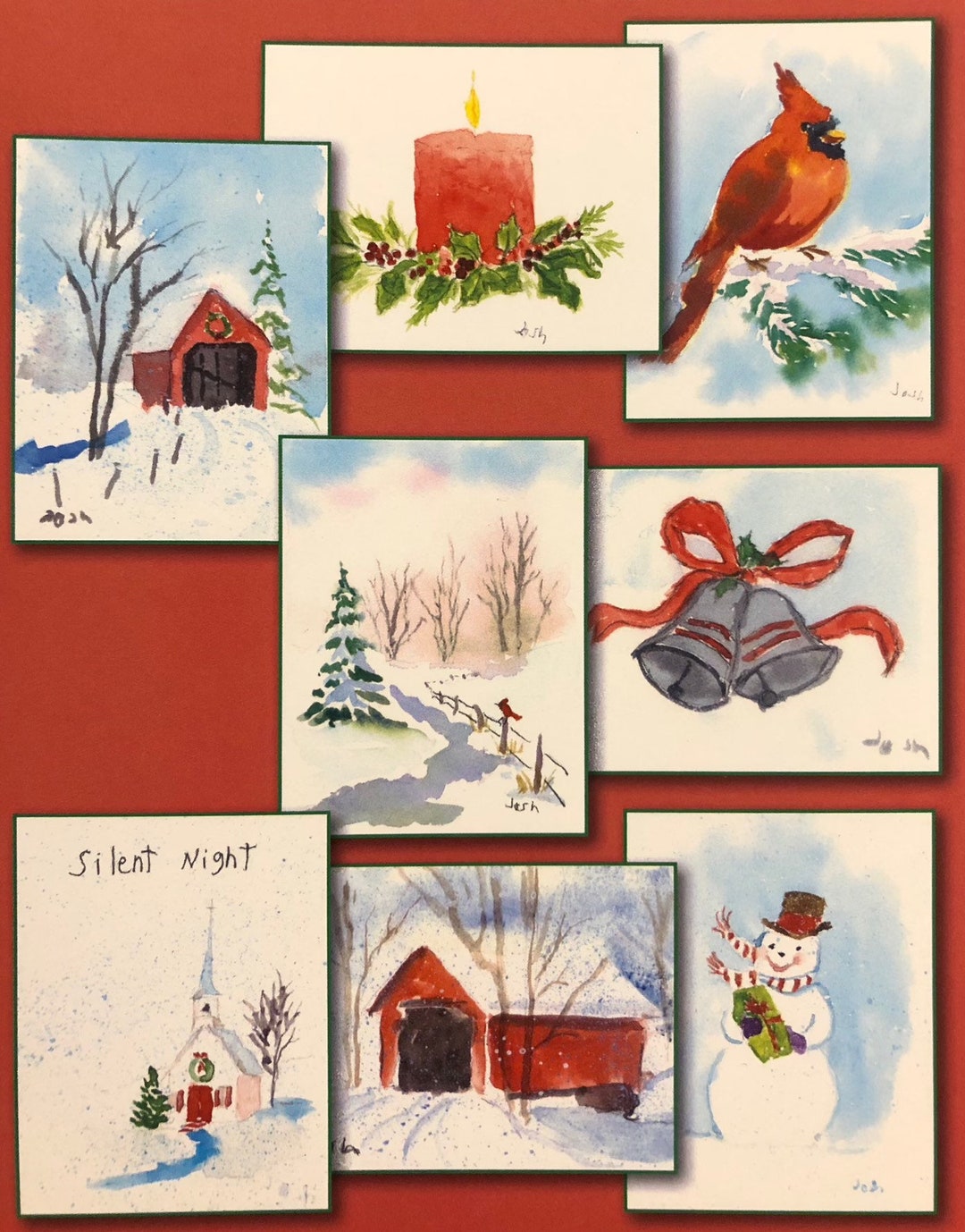 8 Christmas Cards : Hand Painted Watercolor Variety Pack Holiday Cards ...