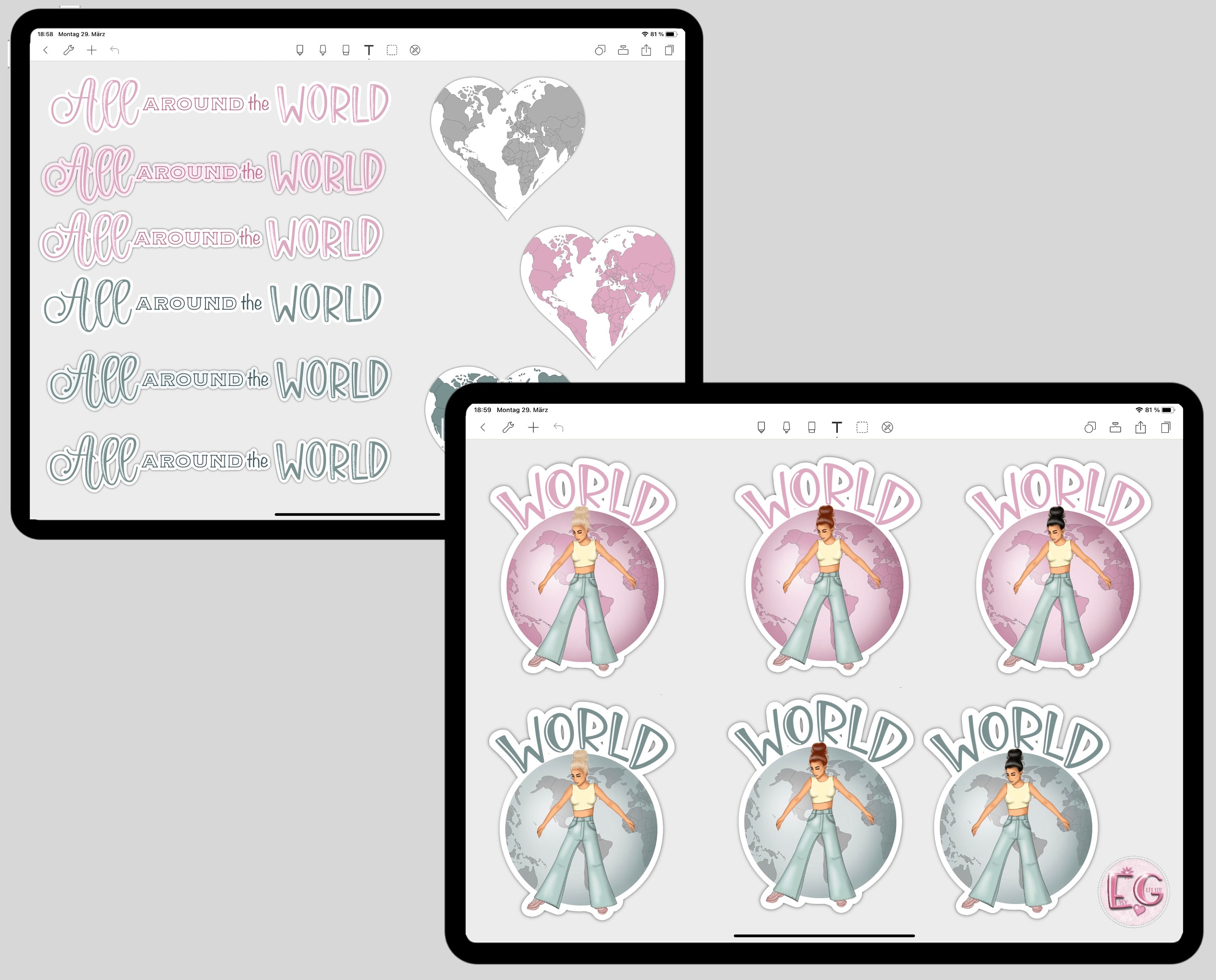 Welt / Digitale Sticker / Weltkarte / Handgezeichnet / Goodnotes ...