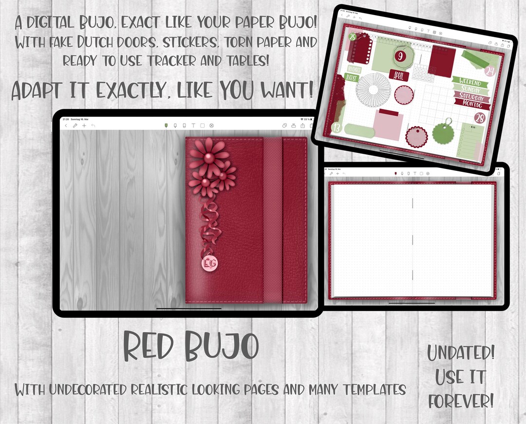 Red Bujo / Digital Journal / Undated / + Matching Stickers / Precropped ...