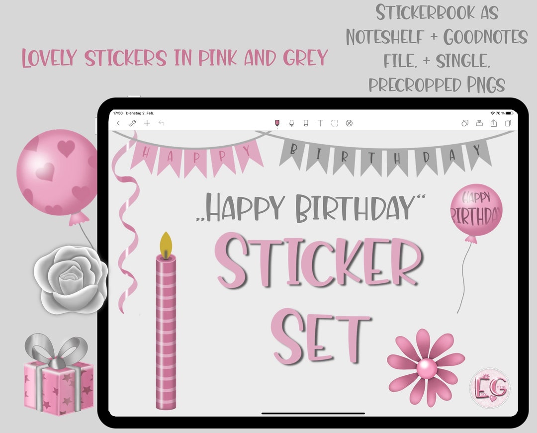 Happy Birthday / Digital Stickers / Pink Gray / Hand Drawn / Goodnotes ...