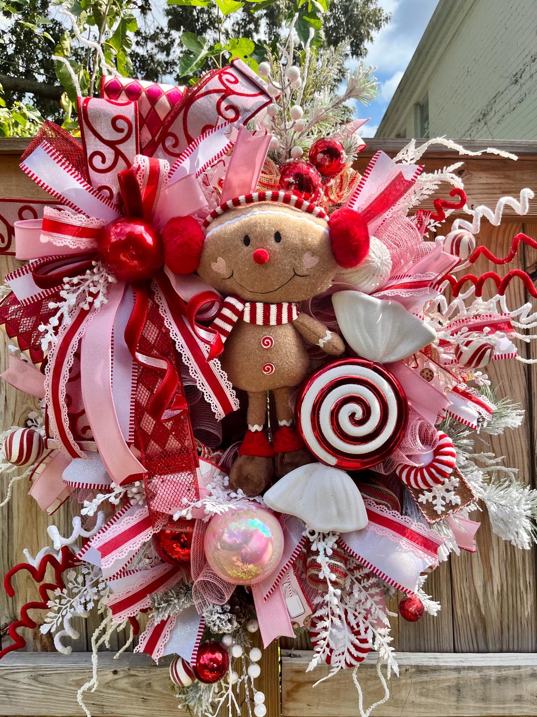 Gingerbread Man Christmas Pink, Red and White Wreath for Front Door ...