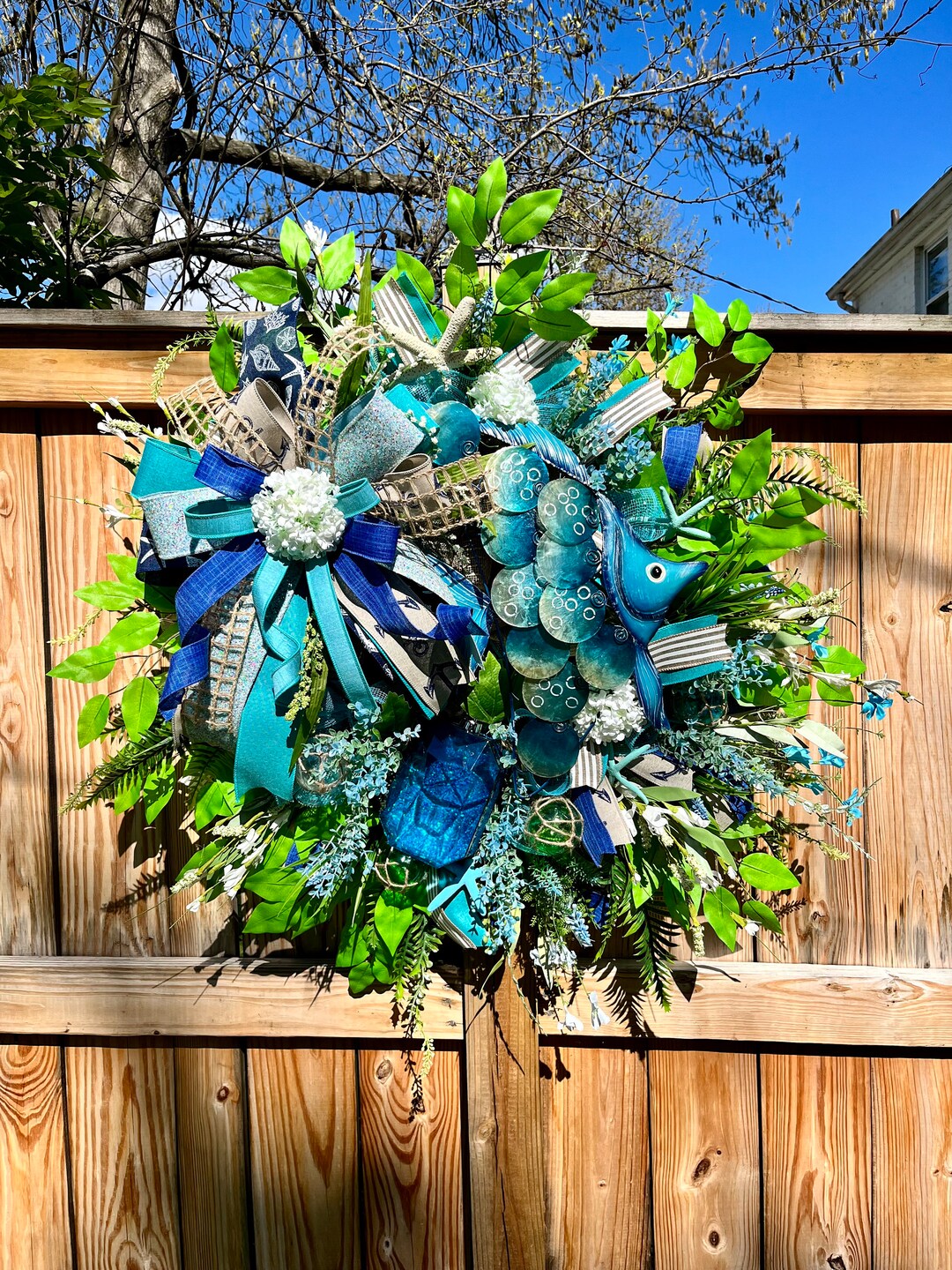 Coastal Beach Wreath, Lake House Decor, Tropical Fish Wreath, Seashells ...