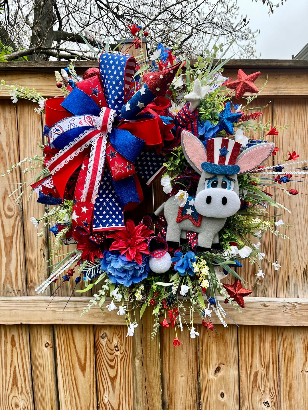 Patriotic Donkey Wreath, American Decor, Independence Day Wreath, God ...