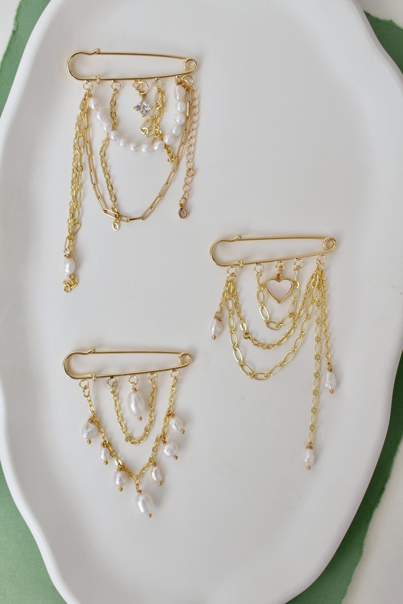 Safety Pin With Chains and Pearls. - Etsy