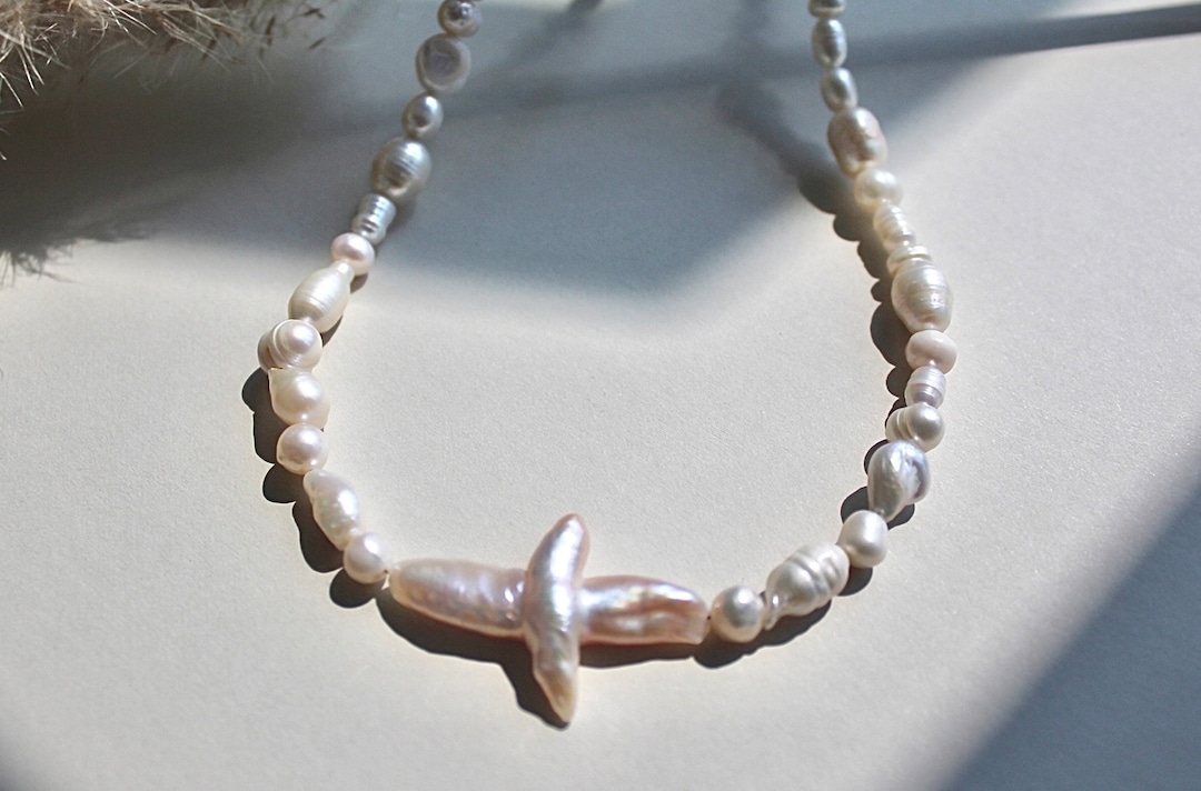 Pearl Cross Necklace, Different Sizes Pearl Necklace With Cross Shaped ...