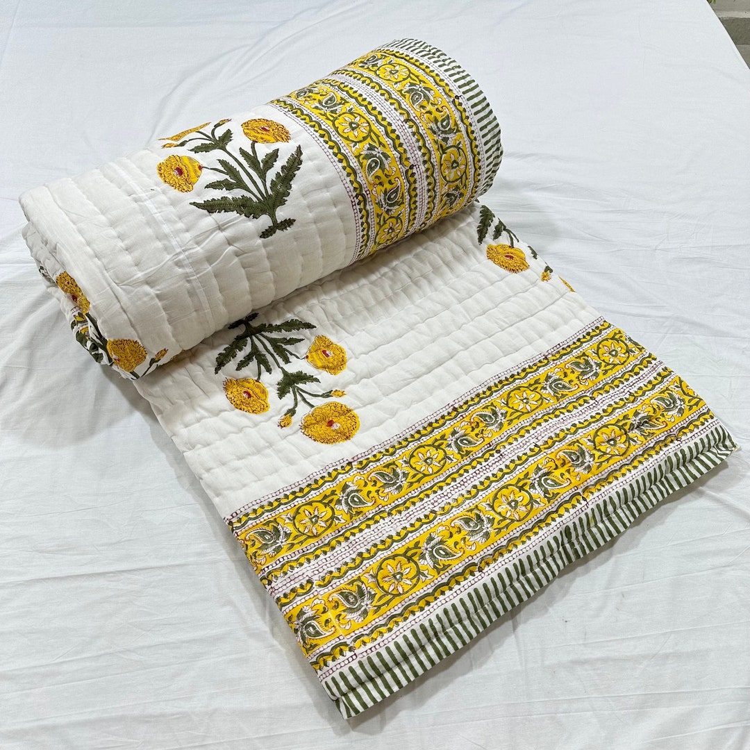 New Unique Yellow Mughal Buta Design Block Print Cotton Quilt ...