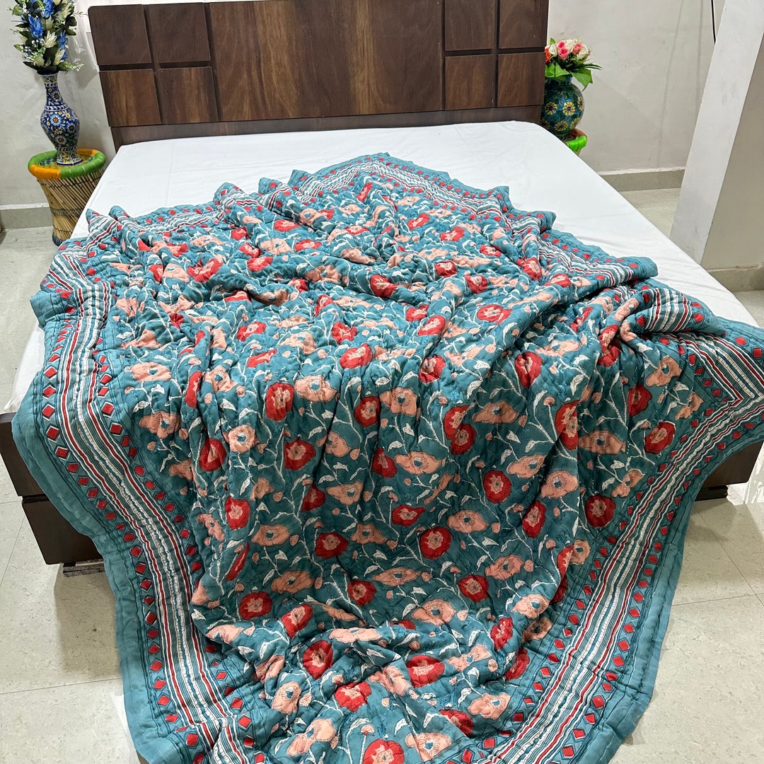 Hand Block Printed Beautiful Bedroom Decor Quit, Indian Quilt, Cotton ...