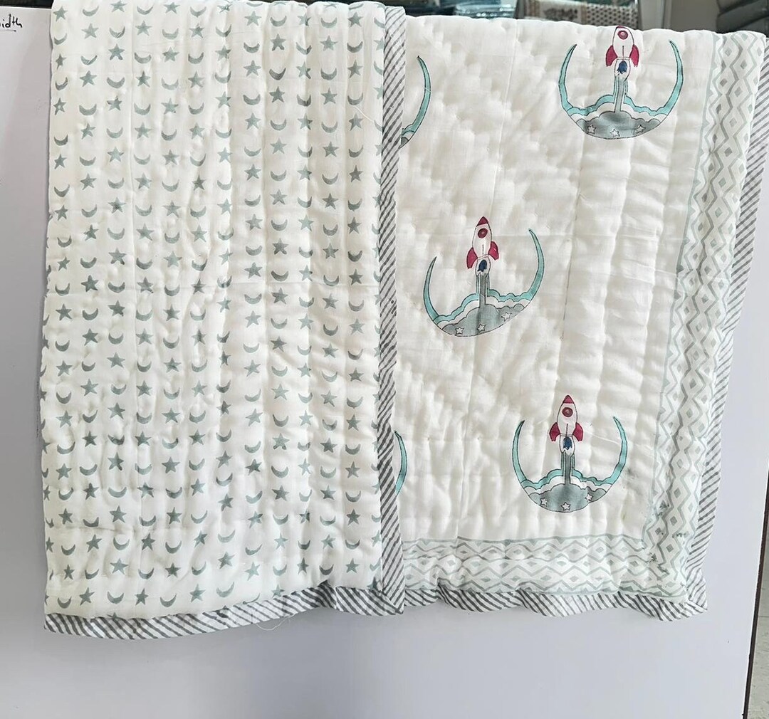 New Pattern Space Rocket Block Print Baby Quilt , Blanket, Beautiful ...