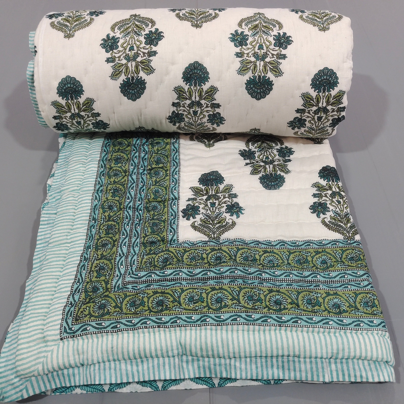 Indian Handmade Blue Buta Design Reversible Quilts, Jaipuri Razai,new ...