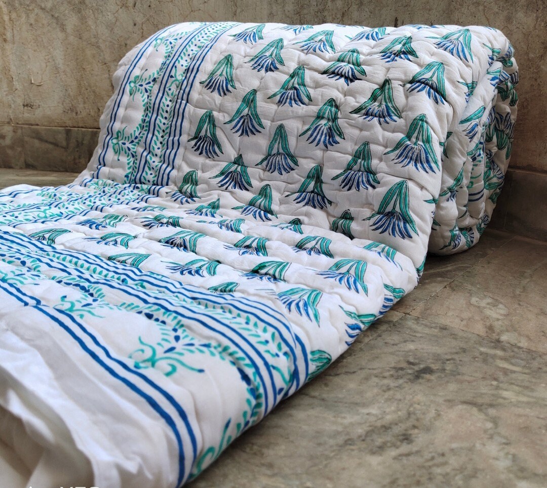 Hand Block Printed Cotton Quilt: Lightweight Floral Quilt - Etsy