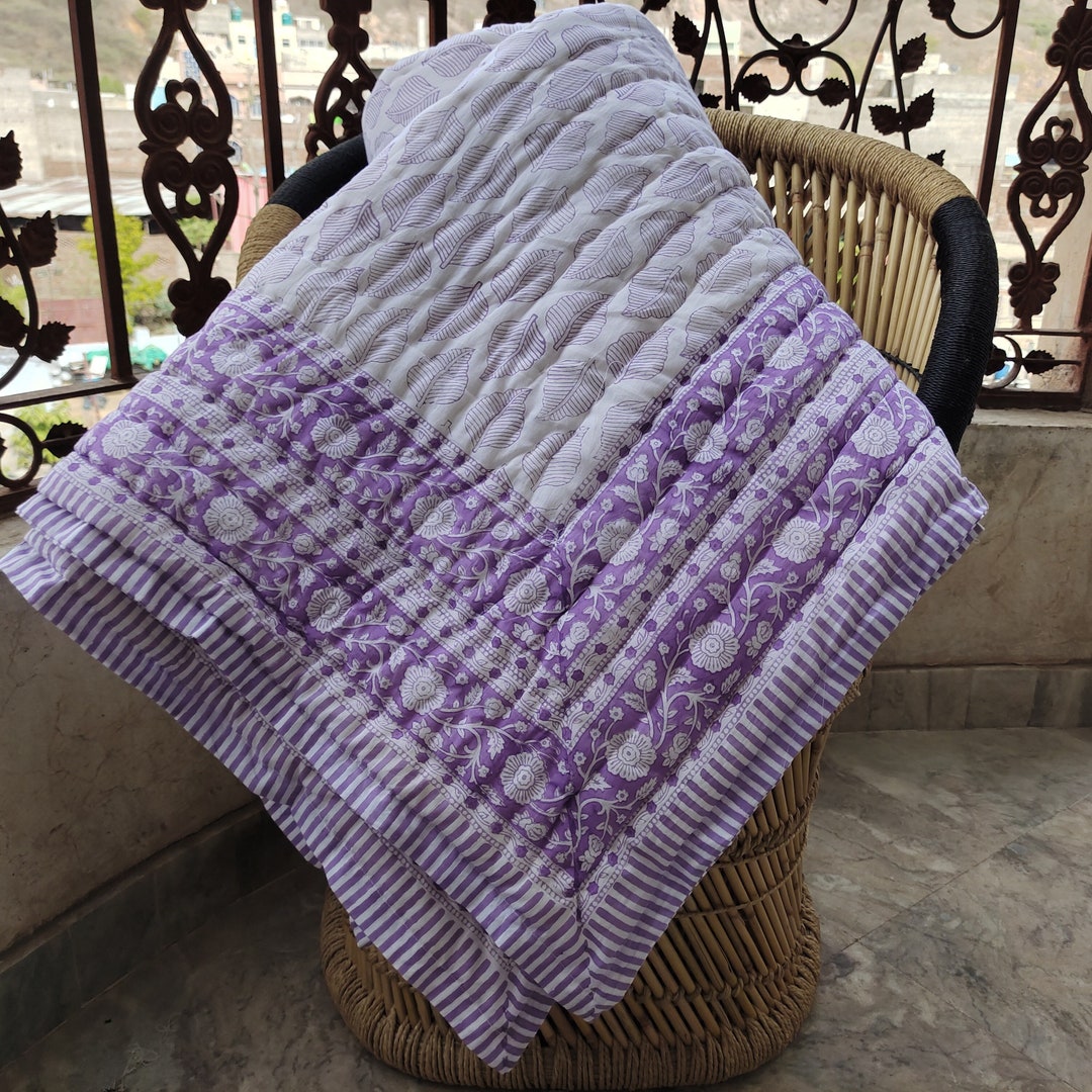 Purple Floral Hand Block Print Cotton Quilt: Reversible Indian Bedding ...