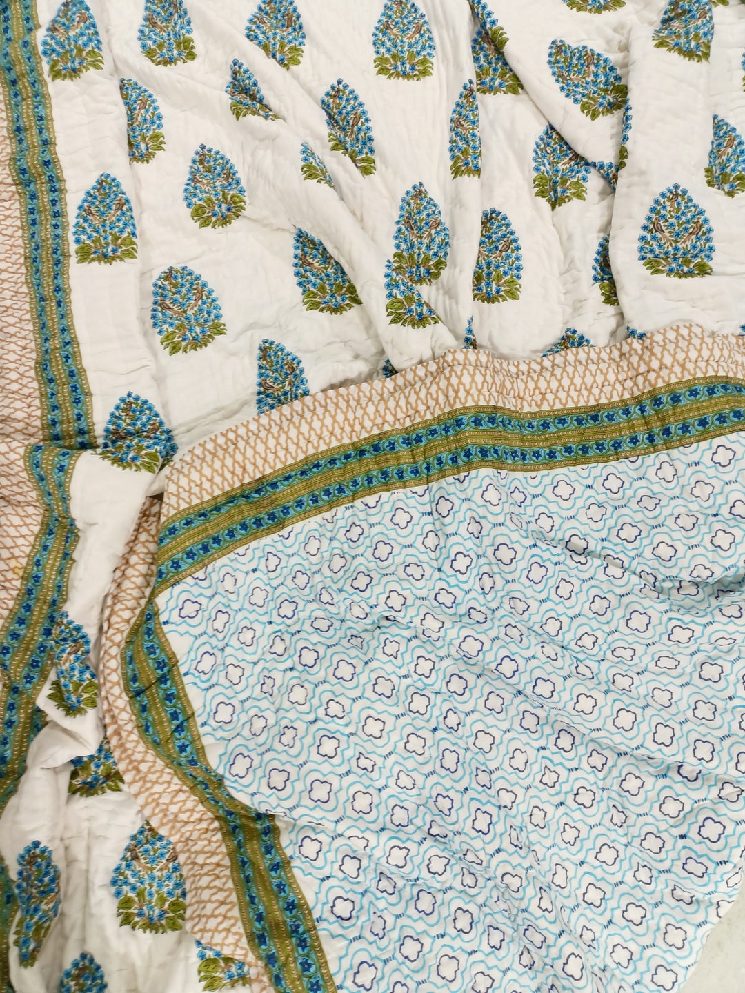 New Blue Butta Cotton Quilt, Beautiful Design Block Print Quilt, Razai ...