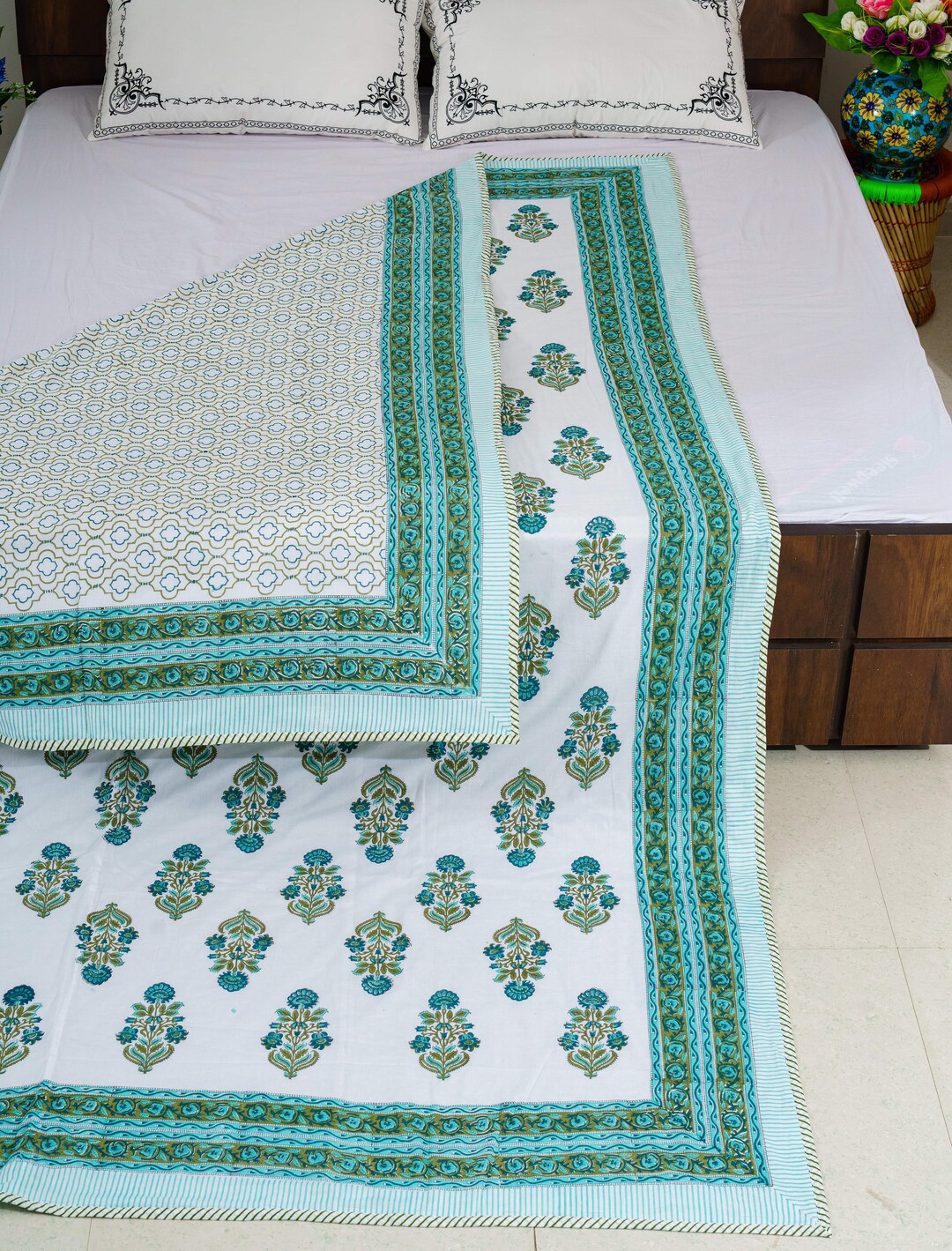 Block Printed Quilted Throw Blanket 100% Cotton Quilt, Cover for Couch ...
