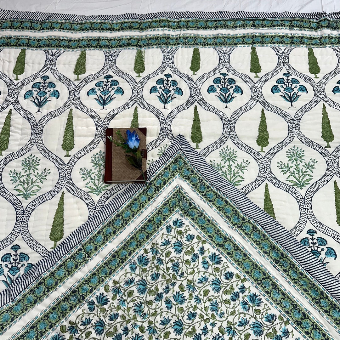 Beautiful Green Tree and Blue Buta Multi Design Block Print Cotton ...