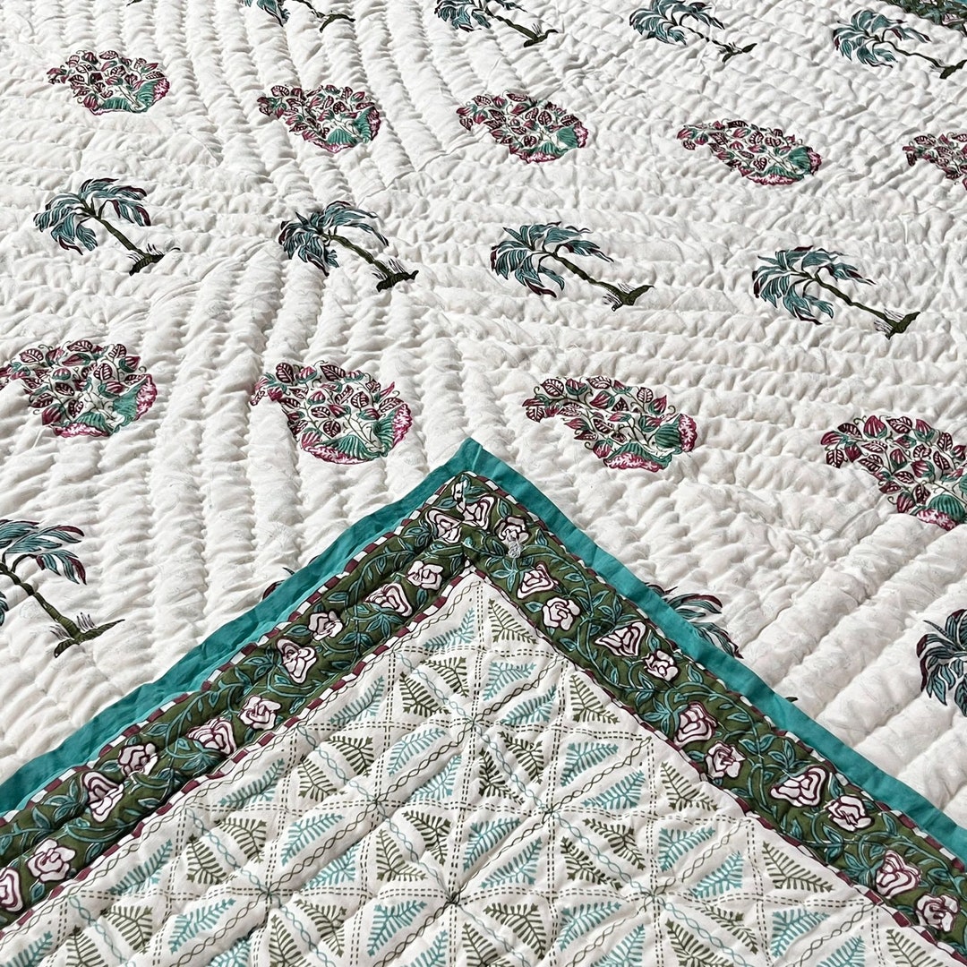 Beautiful Palm Tree Design Block Print Quilt, Indian Quilt ,cotton ...