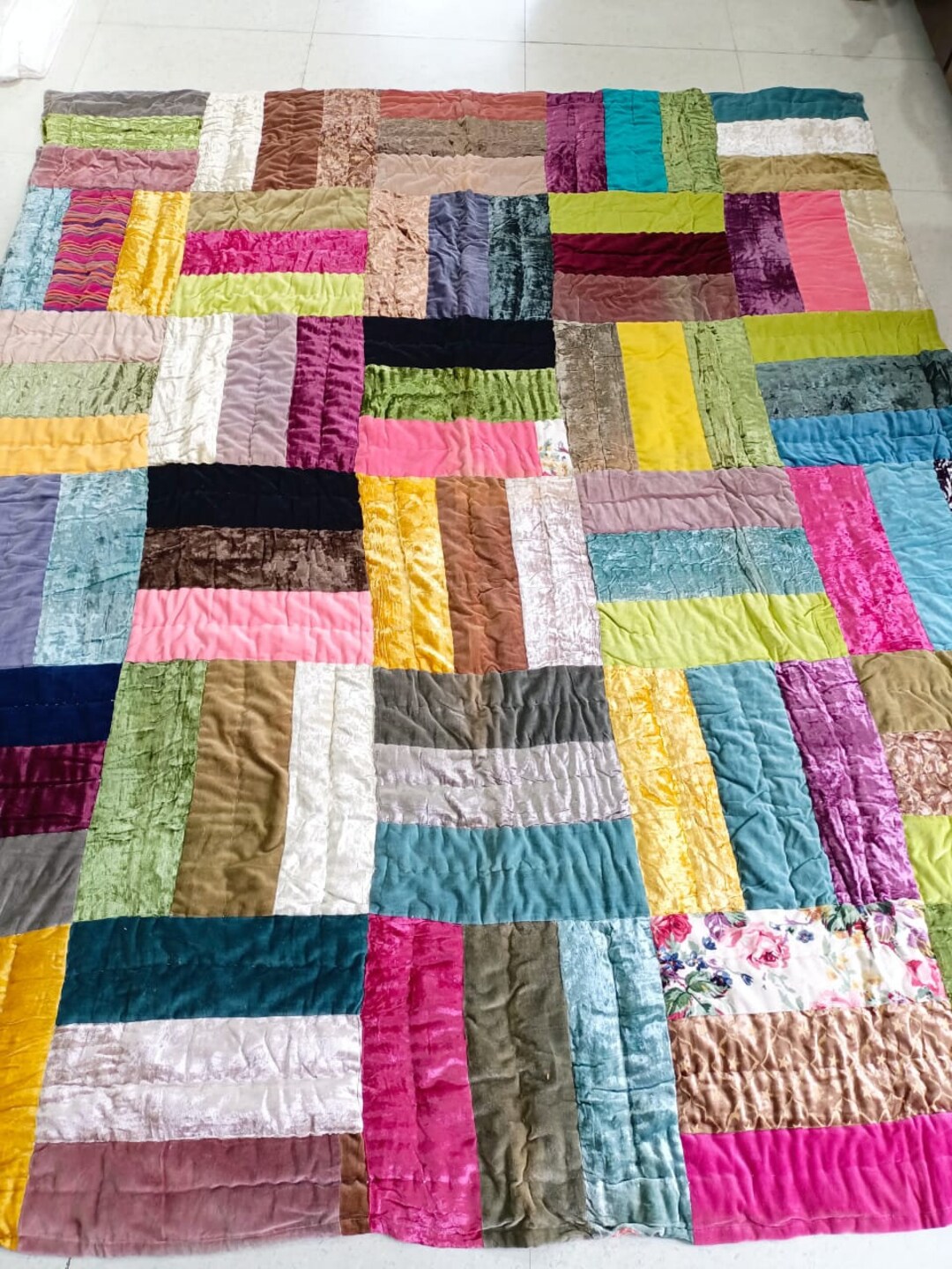 Velvet Patchwork Quilt/ Multi Color Quilt/ Luxury Quilt/boho Quilt ...