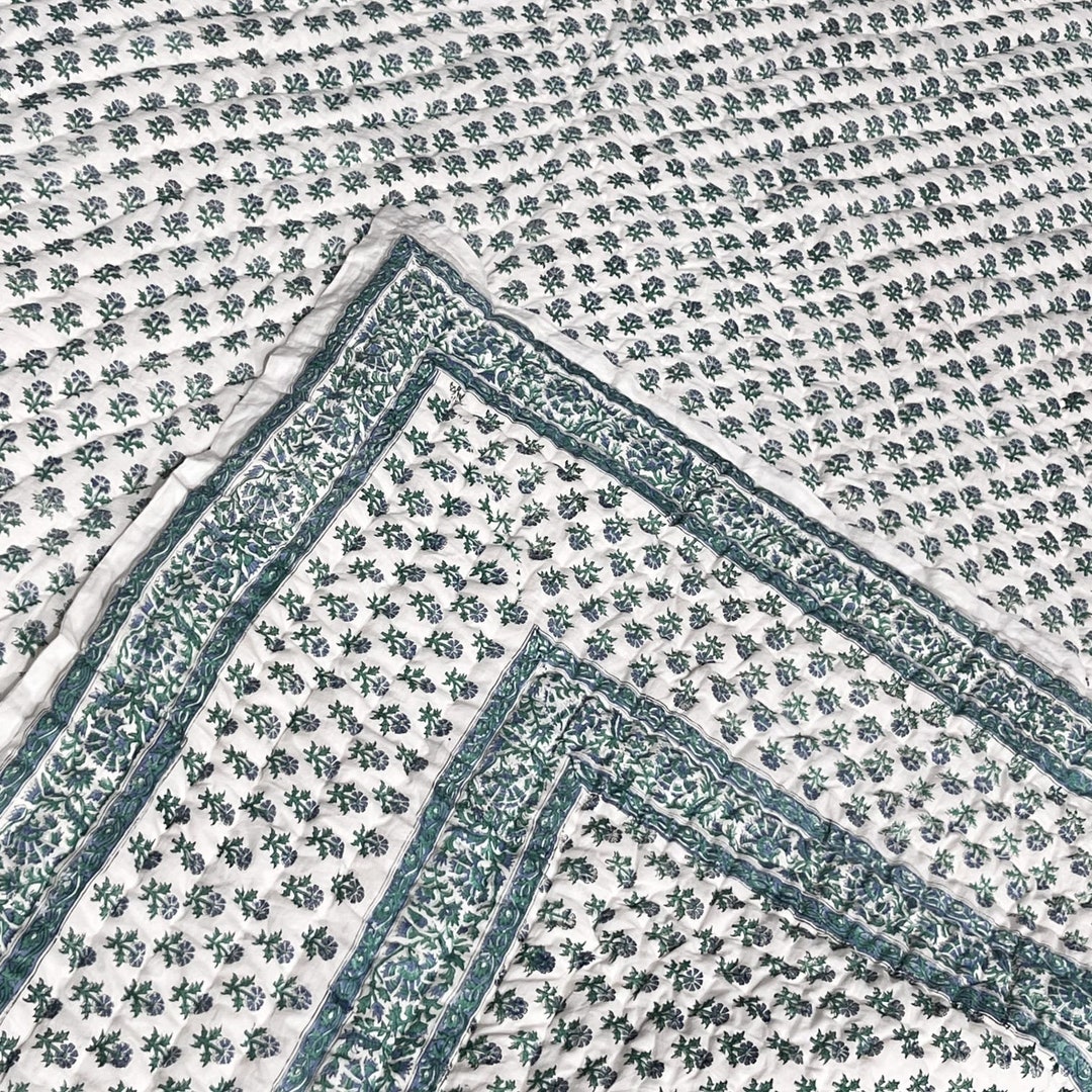 Blue & Green Butta Design Block Print Quilt: Handmade Cotton Bedspread ...