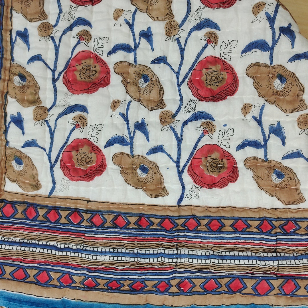 Poppy Flowers Design Quilt, Indian Jaipuri Block Print Quilt Printed ...