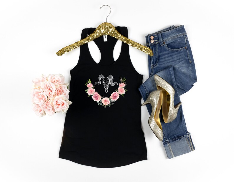 Ram Skull Floral Tank, Floral Racerback, Ram Skull Floral Print Top ...