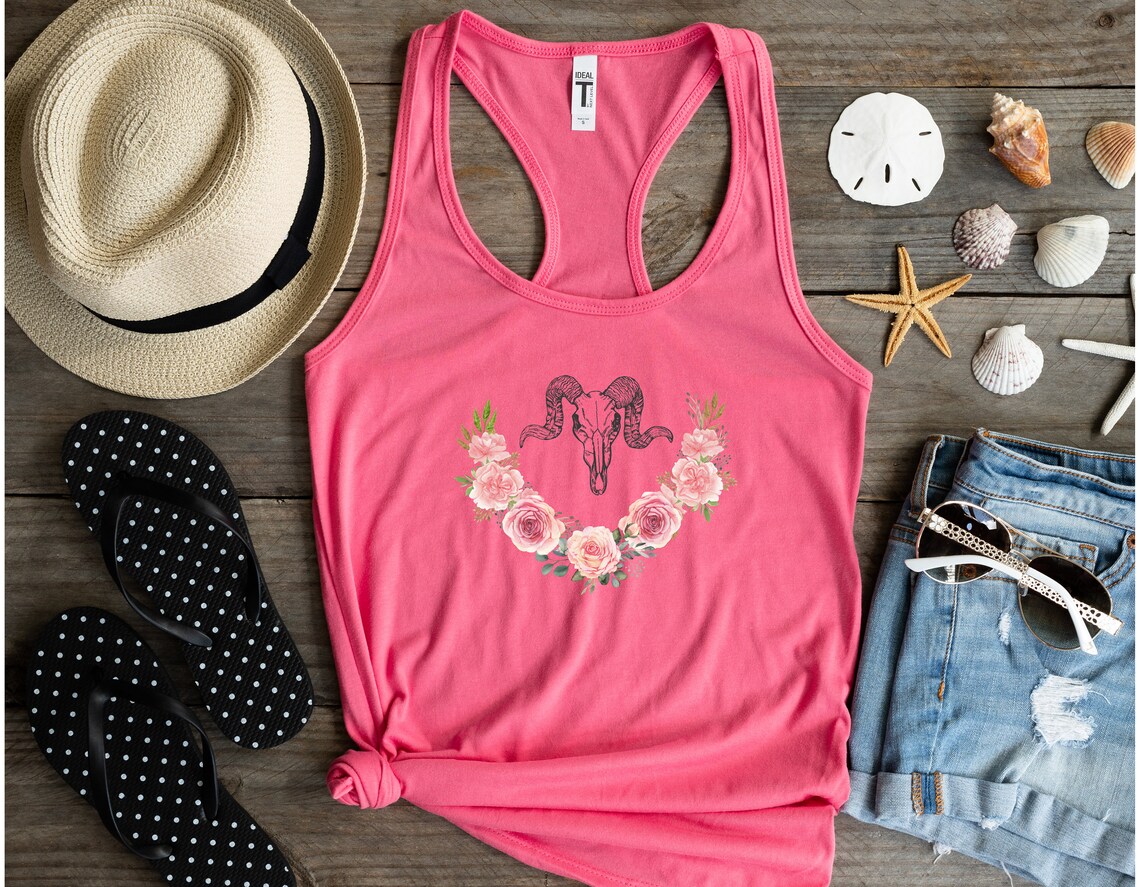 Ram Skull Floral Tank, Floral Racerback, Ram Skull Floral Print Top ...