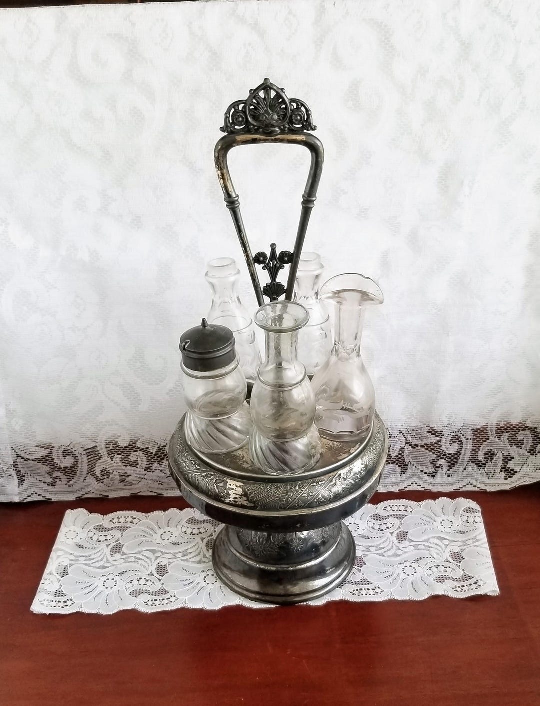 Antique Silver Plated Cruet Set With Five Bottles With Frosted Design ...