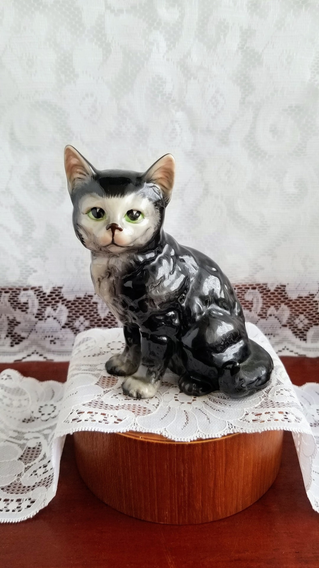 Ceramic Vintage Porcelain Black & Grey Cat Figurine With Green Eyes ...