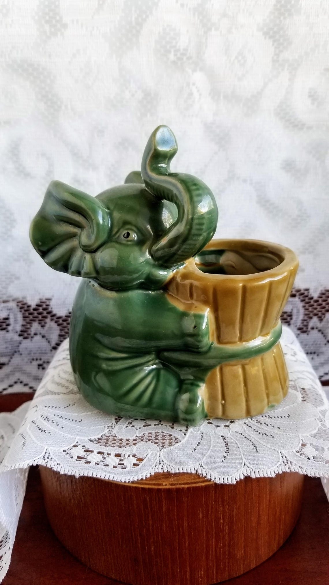 Vintage Majolica Green Ceramic Elephant Planter With Trunk Up- Elephant ...