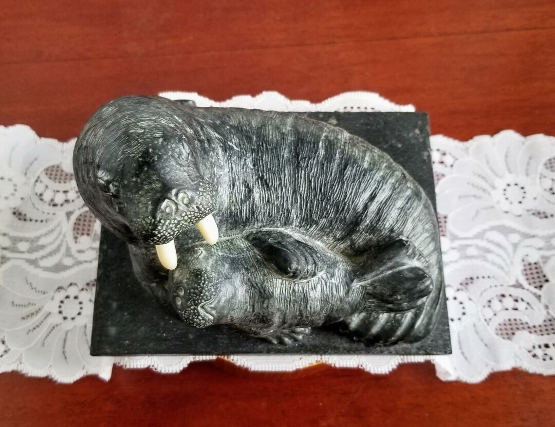 Wolf Original Sculpture Carved Walrus & Calf Inuit Canadian Made Beauty ...