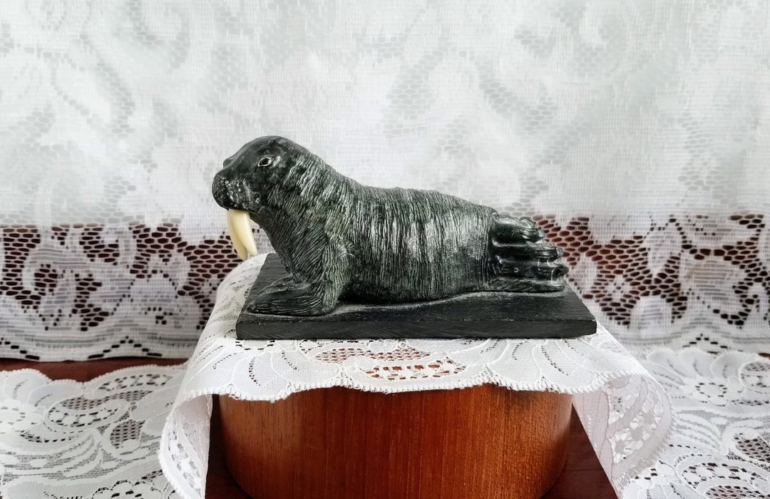 A Wolf Original Sculpture Carved Walrus Figurine Inuit Canadian Made ...