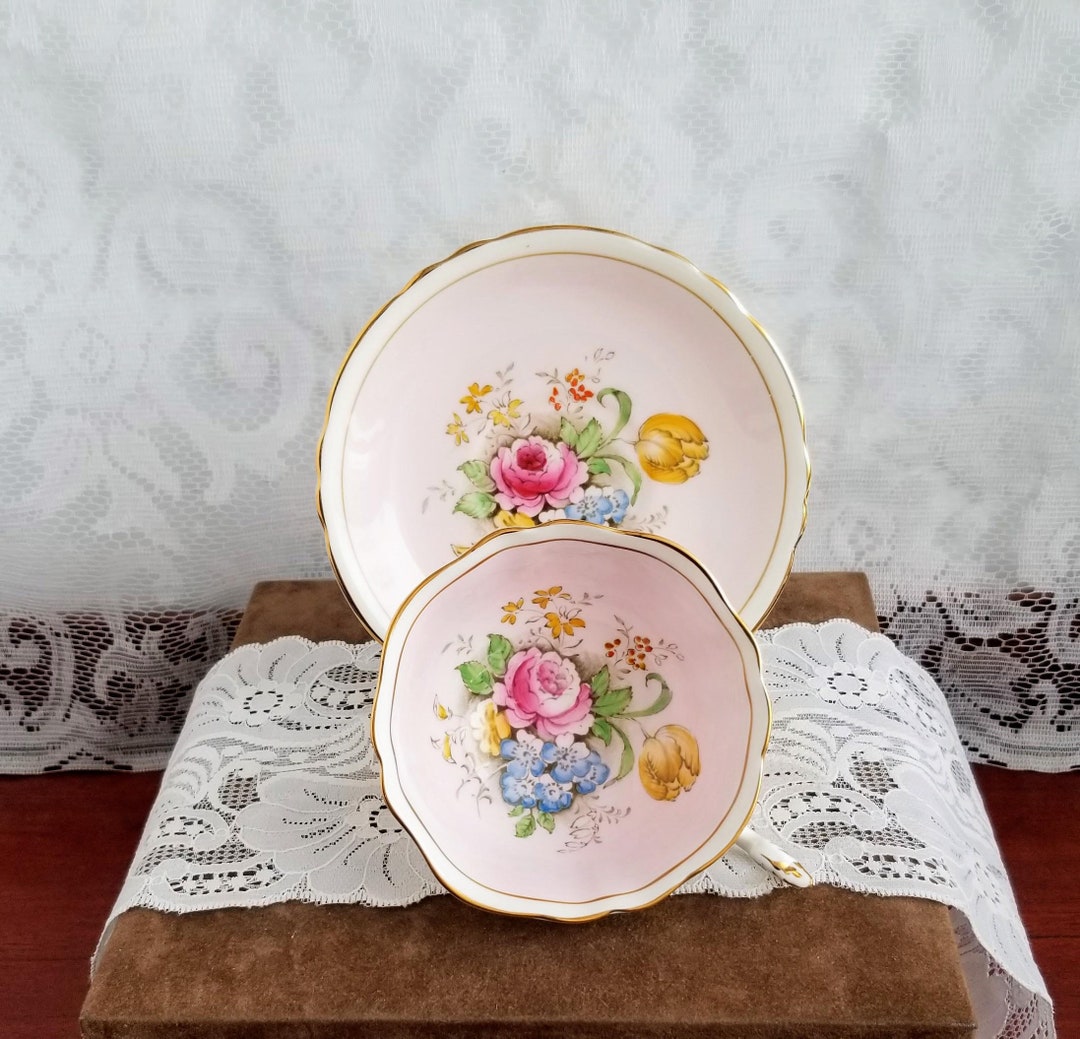 Vintage Paragon Stunning Cup and Saucer- Older Back Stamp- Pink With ...