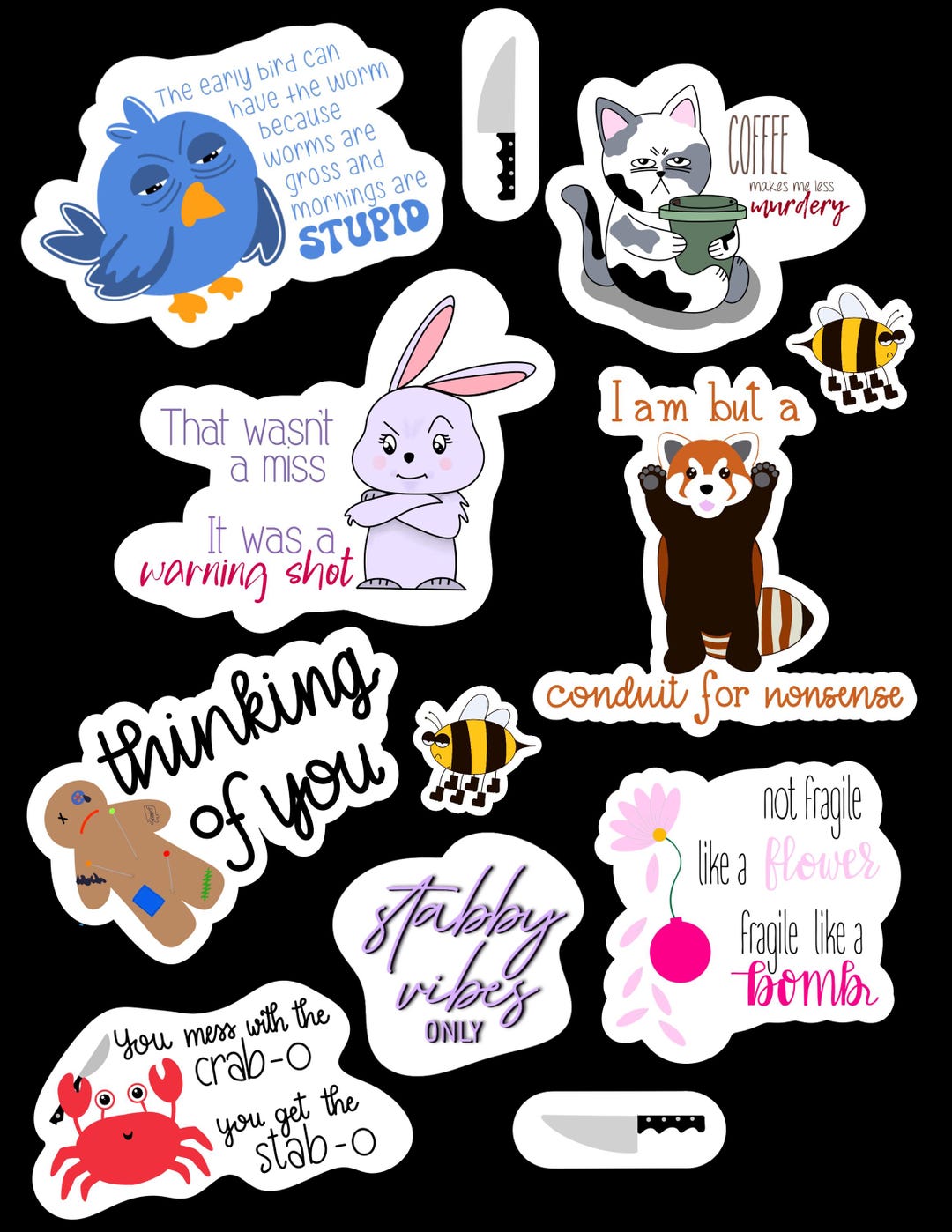Sweet but Stabby Sticker Pack Cute & Snarky Animal Stickers With Dark ...