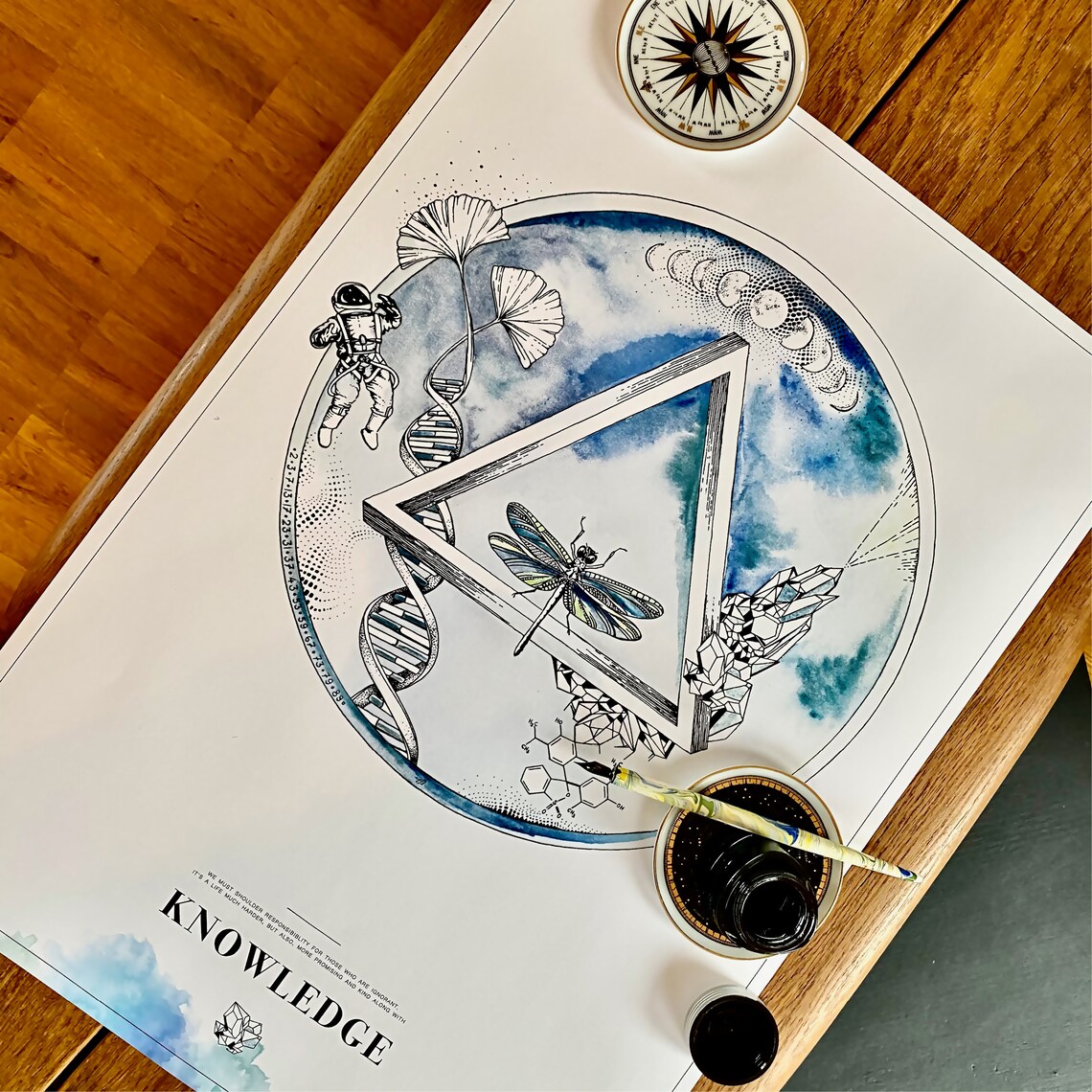 KNOWLEDGE Ink Drawing Poster Print for Scientist Illustration Wall Art ...