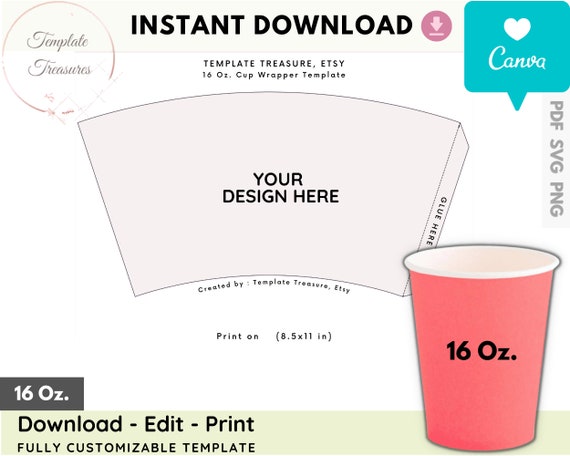 16 Oz Paper Cup Wrapper Template Cup Wrapper Template Etsy