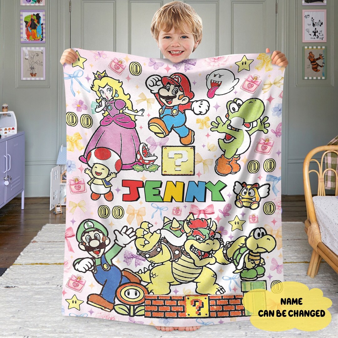 Personalized Super Mario Watercolor Coquette Blanket, Custom Name Mario ...