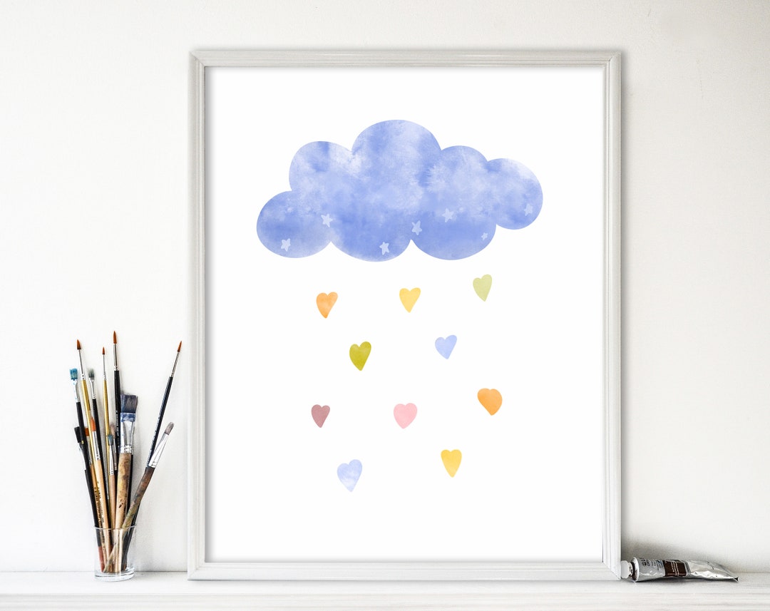 Boho Watercolor Cloud Poster Colorful Hearts Nursery Wall - Etsy