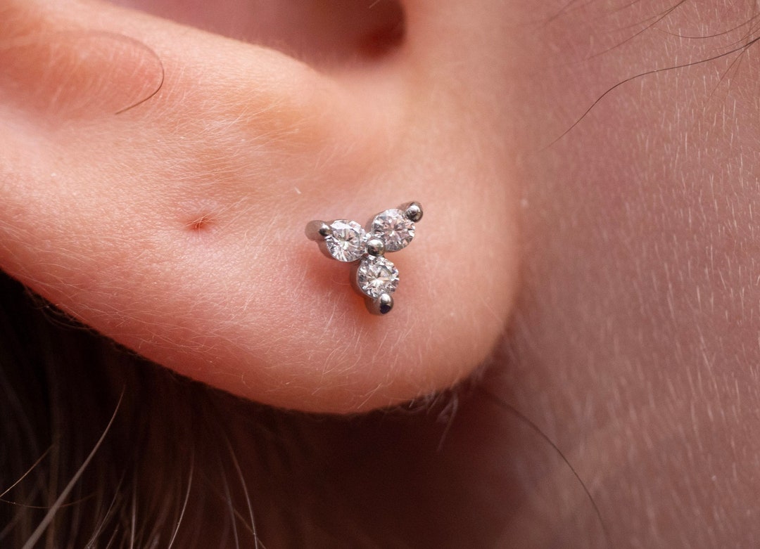 Tiny Trinity Stud Earring, Three Stones Minimalist Flat Back Piercing, Internally Threaded Tiny ...