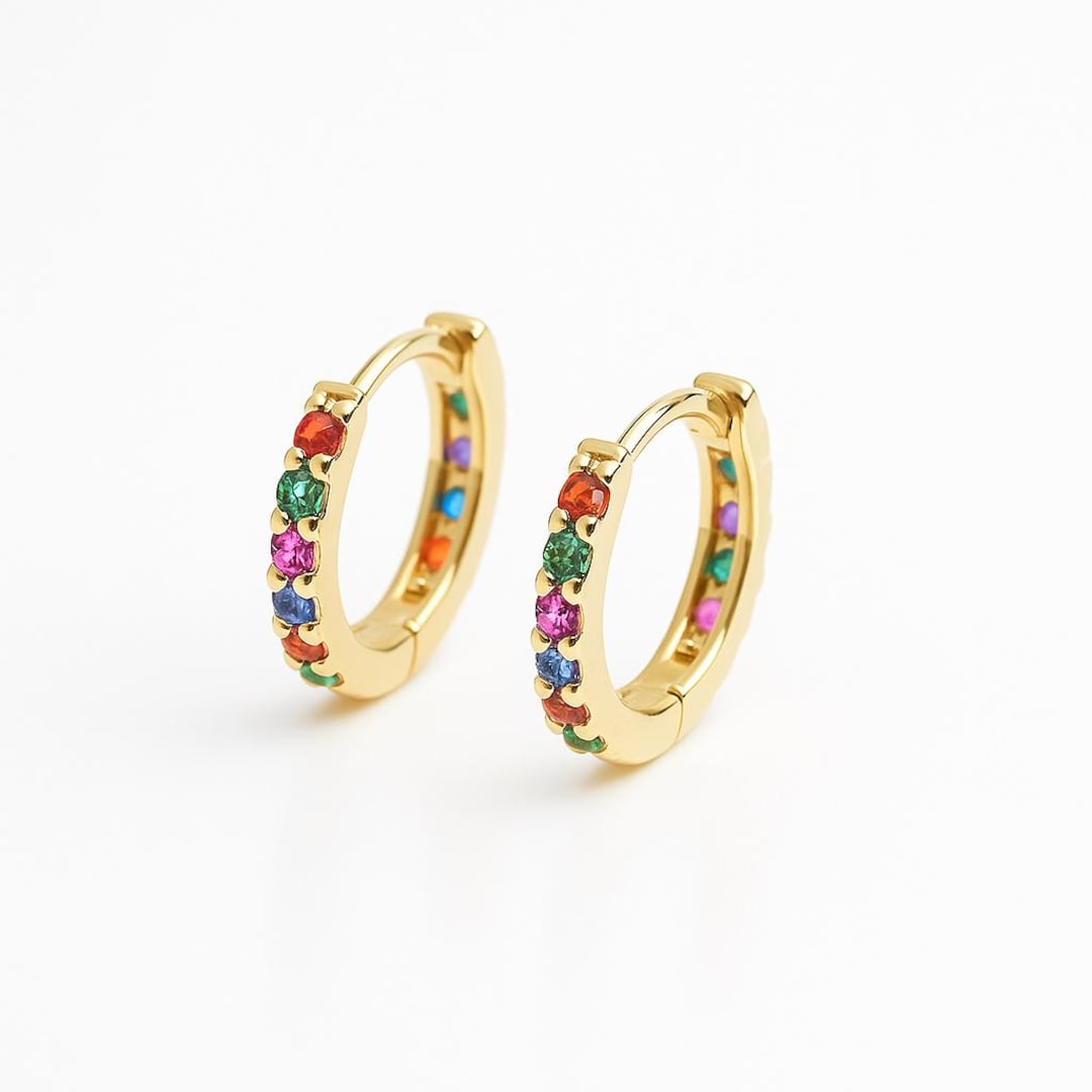 925 Sterling Silver Rainbow Huggies – Multicolor Dainty Hoops ...