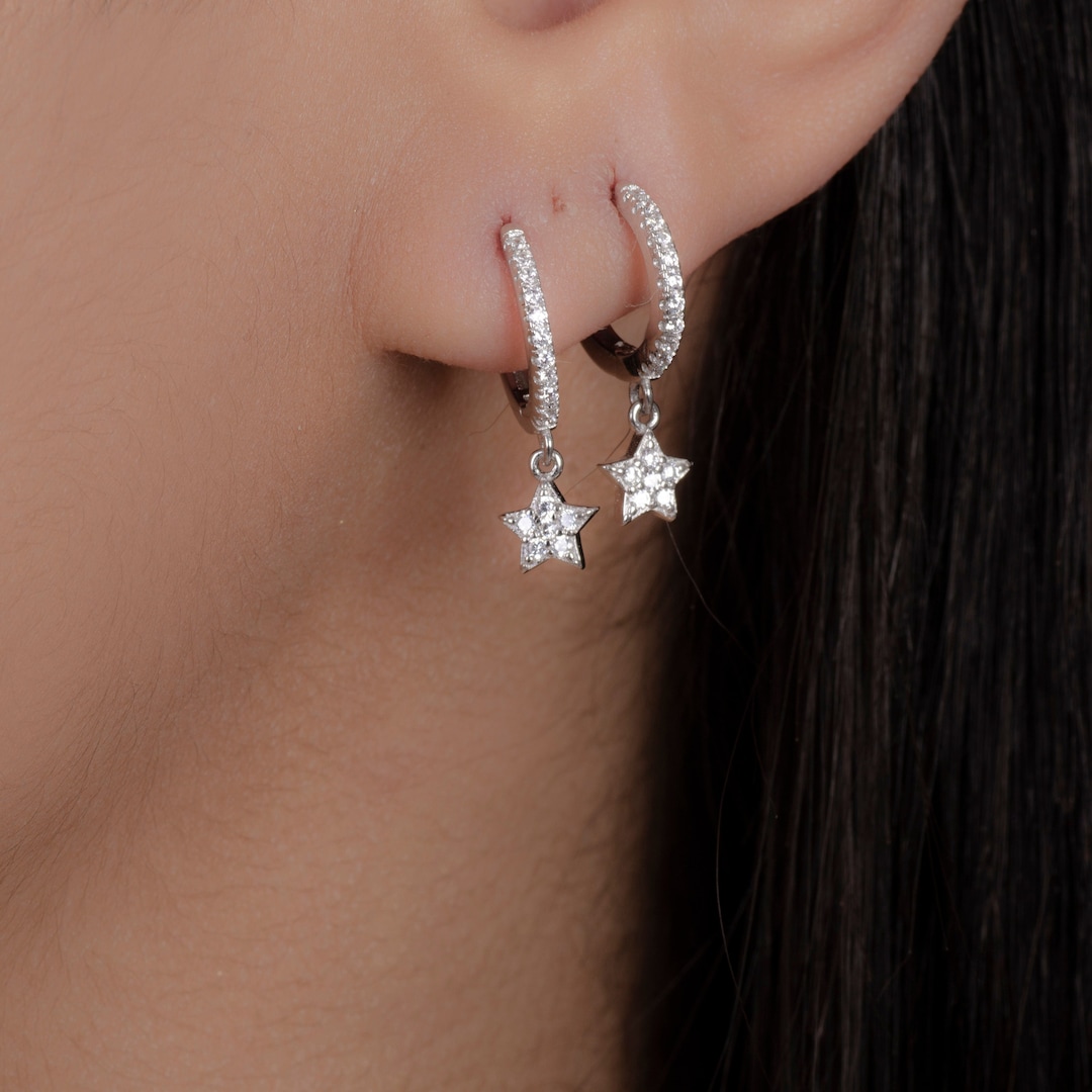Sterling Silver Gold Star Huggie Hoop Earrings, Silver Star Hoops ...